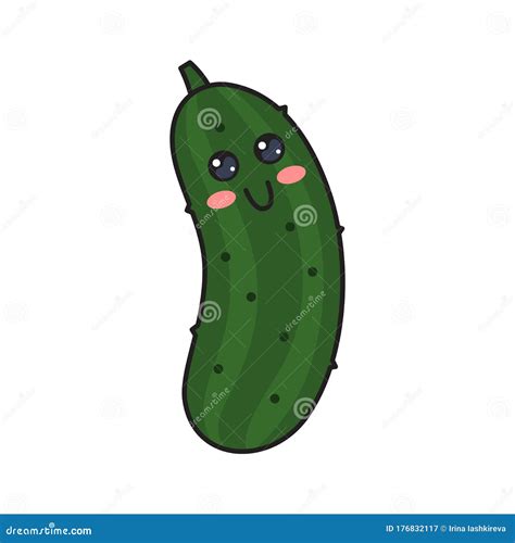 Cute Cucumber Character With Face Kawaii Doodle Cucumber Isolated On