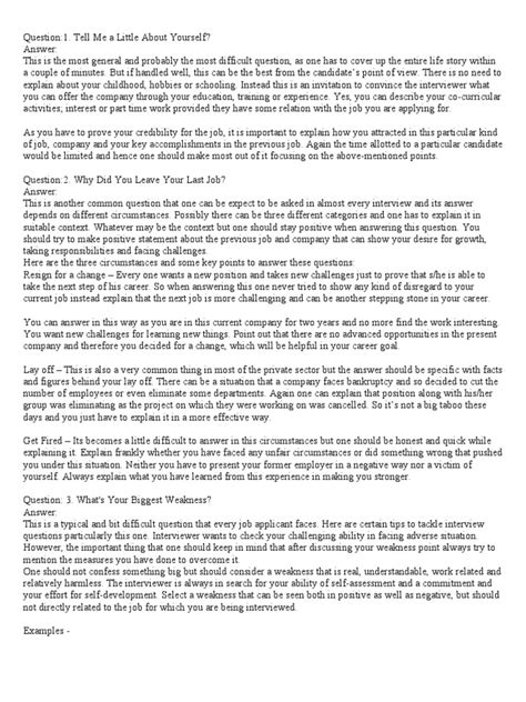 Top 100 Interview Questions Pdf Question Employment