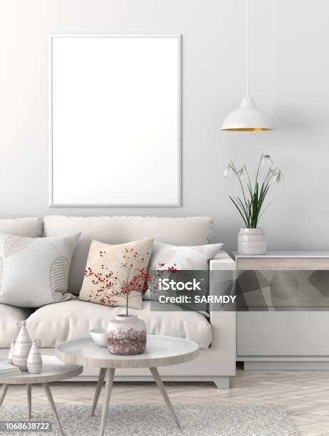 스 칸디 나 비아 스타일 Hipster 인테리어에 포스터 프레임을 비웃는 다 3 차원 일러스트 레이 션 가구에 대한 스톡 사진