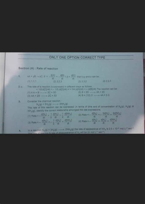 Only One Option Correct Type Section A Rate Of Reaction Filo