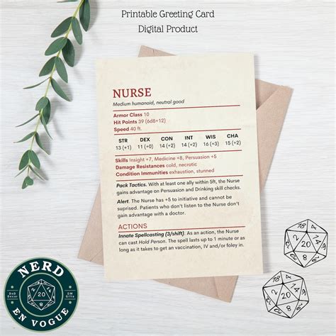 Nurse Dnd Stat Block Card For Funny Nurse T Printable Nurse