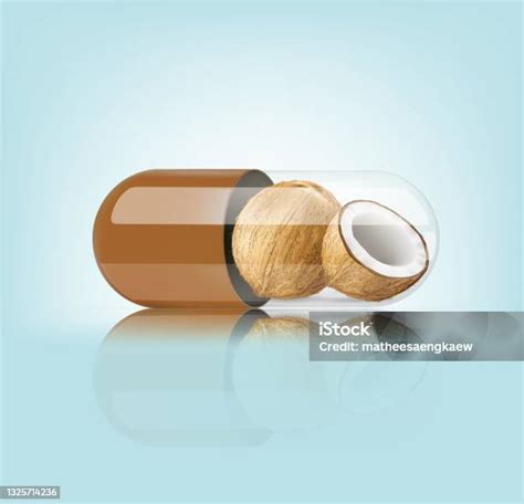 블루 배경에 코코넛과 의료 갈색 캡슐 벡터 일러스트레이션 약품 캡슐에 대한 스톡 벡터 아트 및 기타 이미지 약품 캡슐 가루로 빻은 알약 Istock