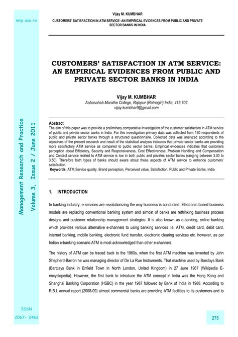 (PDF) Customers Satisfaction in ATM service An Empirical Evidences from Public and Private ...