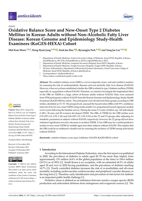 Pdf Oxidative Balance Score And New Onset Type 2 Diabetes Mellitus In Korean Adults Without