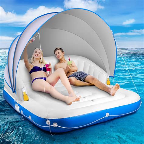 Floating Island With Canopy Heavy Duty Inflatable Water Lounger Raft With 2 Cup Holders For