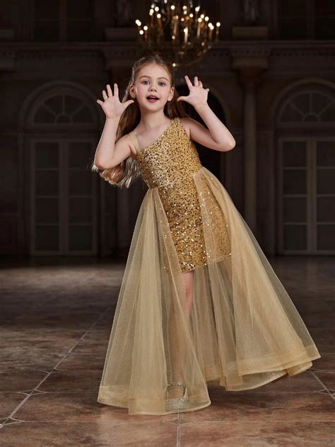 Tween Girls Asymmetrical Neckline Mesh Overlay Sequin Dress Faeriesty