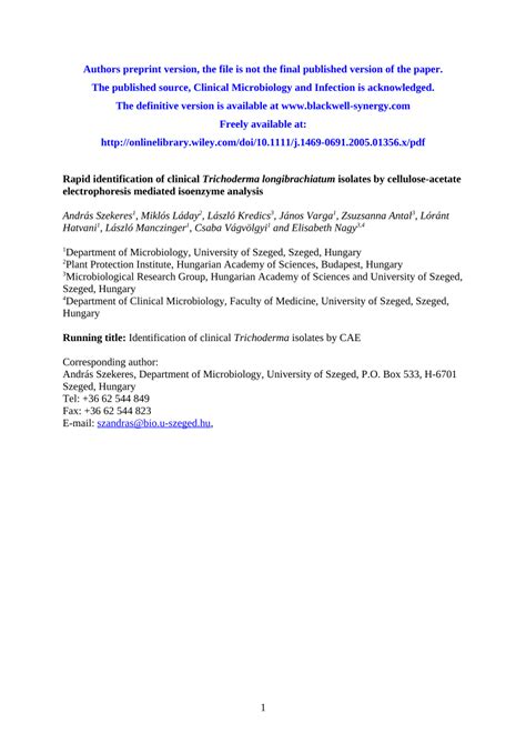 Pdf Rapid Identification Of Clinical Trichoderma Longibrachiatum Isolates By Cellulose Acetate