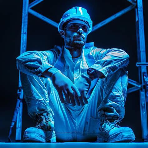 Man Worker Wearing Ppe Blue Helmet Premium Ai Generated Image