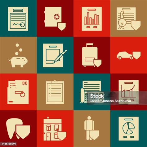 그래프 차트 자동차 방패 빈 공책과 펜 돼지 저금통 동전 채워진 양식 및 여행 수하물 보험 아이콘으로 문서를 설정합니다 벡터 0명에 대한 스톡 벡터 아트 및 기타 이미지