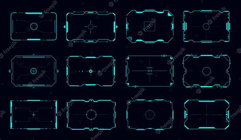 Hud 대상 프레임 및 목표 컨트롤 패널 벡터 테두리 Sci Fi 게임 사용자 인터페이스 또는 Gui 파란색 네온 테두리와 조준 십자선이 있는 미래형 디지털 헤드업