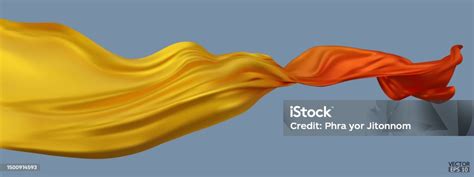 노란색에서 주황색으로 날아다니는 실크 직물 직물 깃발은 파란색 배경에 분리되어 있습니다 그랜드 오프닝 세레모니를 위한 부드럽고 우아한 컬러풀한 그라데이션 새틴 3d 벡터