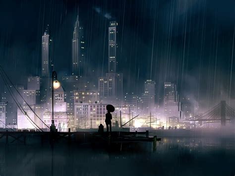 Hd Wallpaper Anime Girls City Night Rain Cityscape Wallpaper Flare
