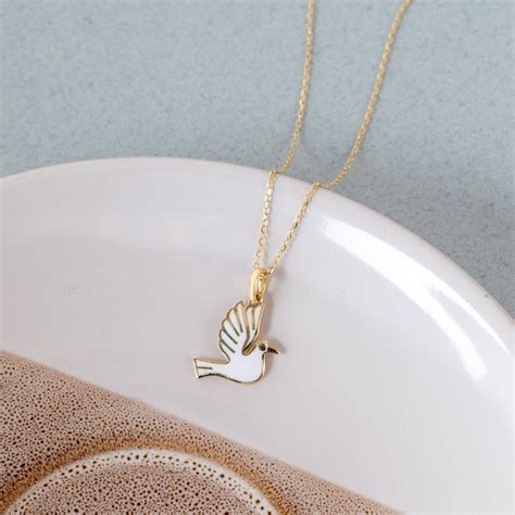 14k Solid Gold Dove Necklace Dainty White Dove Pendant Tiny Etsy