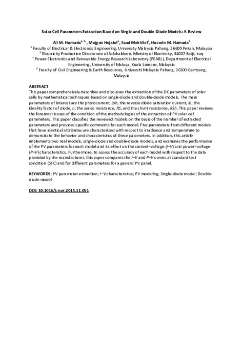 Pdf Solar Cell Parameters Extraction Based On Single And Double Diode Models A Review
