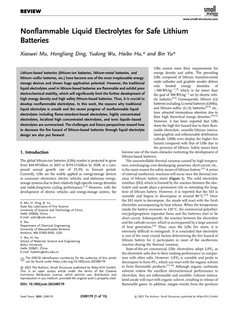 Pdf Nonflammable Liquid Electrolytes For Safe Lithium Batteries