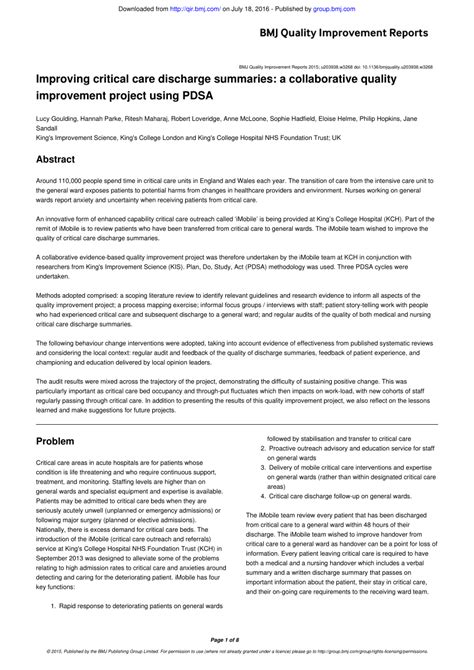 Pdf Improving Critical Care Discharge Summaries A Collaborative Quality Improvement Project