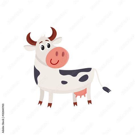Vettoriale Stock Funny Black White Spotted Cow Standing And Looking Back Cartoon Vector