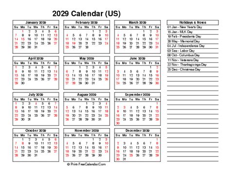 Download 2029 Annual Calendar Printable Free With Usa Holidays Sunday