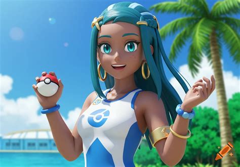 Photorealistic Rendering Of Nessa From Pokemon Holding A Pokeball On A