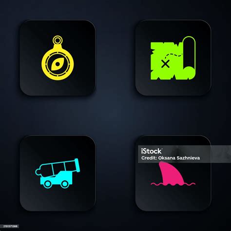 바다 파도 나침반 대포 및 해적 보물 지도에 상어 지느러미를 설정하세요 검은색 사각형 버튼입니다 벡터 나침반에 대한 스톡 벡터 아트 및 기타 이미지 Istock