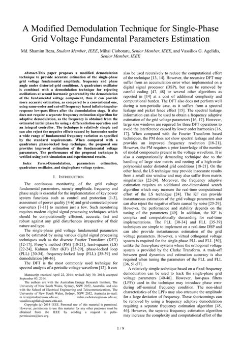 PDF A Modified Demodulation Technique For Single Phase Grid Voltage Fundamental Parameter
