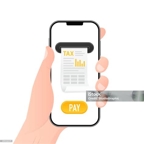 세금을 납부하는 휴대 전화 스마트 폰을 들고 있습니다 모바일 결제 서비스 정부 주세 세금 양식 유틸리티 은행 레스토랑 및 기타