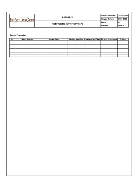 Form Monitoring Sertifikat Rspo Pdf