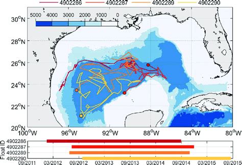 trajectories of four profiling floats with the initial float deployment