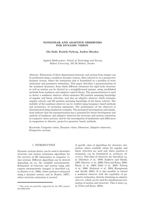Pdf Nonlinear And Adaptive Observers For Dynamic Vision