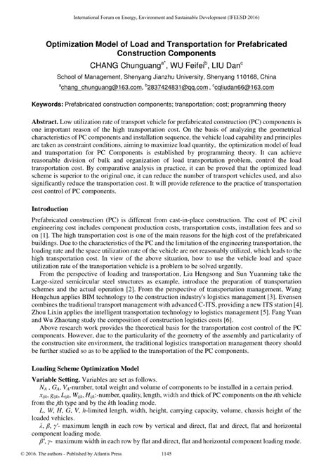 Pdf Optimization Model Of Load And Transportation For Prefabricated Construction Components