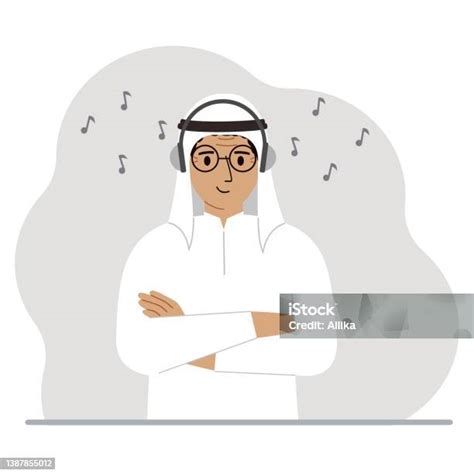 헤드폰을 쓰고 있는 무슬림 남성이 음악을 듣는다 팟 캐스트 및 취미 개념 장식 디자인 및 인쇄를위한 캐릭터 남자에 대한 스톡