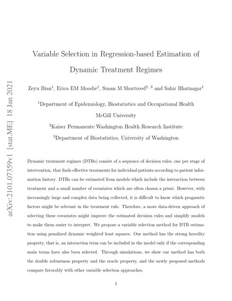 Pdf Variable Selection In Regression Based Estimation Of Dynamic Treatment Regimes