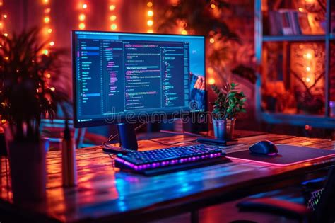 computer monitor showing programming code on desk in cozy room stock