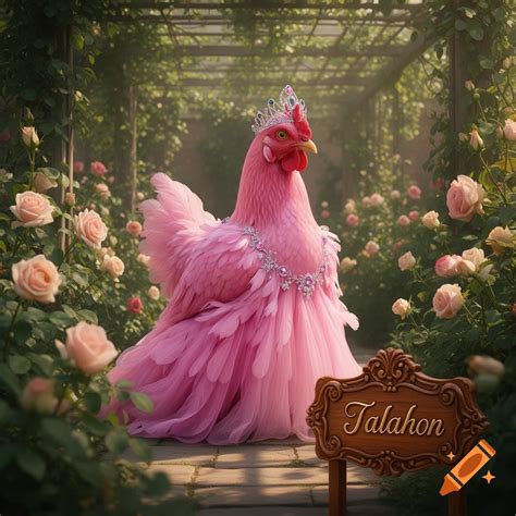 A Pink Chicken Wearing A Sparkling Princess Dress And Crown Stands In A