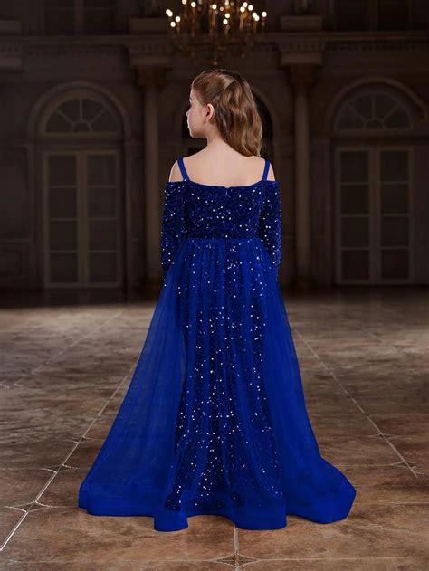 Tween Girls Off Shoulder Mesh Overlay Sequin Prom Dress Elonnashop
