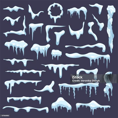 겨울 눈 고치 서리가 내린 얼음 푸른 테두리 얼어 붙은 스노우 캡 흰색 고드름 얼음 표지판 서리가 내린 눈 모자 고립 된 벡터