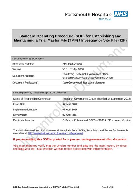 Pdf Standard Operating Procedure Sop For Establishing To Be Used In The Set Up Of A