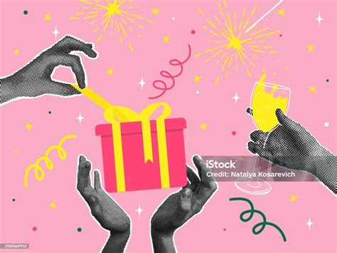 하프 톤 콜라주 2025 휴일의 개념 재미 선물 상자 와인 잔을 들고 인간의 손 인사말 카드 초대장 웹 배너 소셜 미디어 배너에