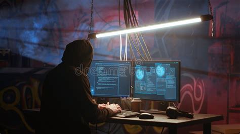 Hacker Arriving In Messy Base Of Operations With Neon Lights And