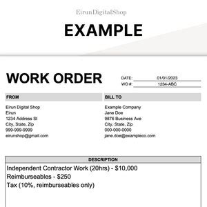 Work Order Template Editable PDF Word Googledocs Googlesheets Template Customizable