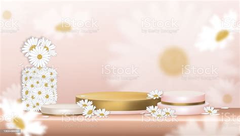 벡터 3d 화이트 데이지 빈 쇼케이스 디스플레이 복숭아와 노란색 골드 스탠드 흐릿한 꽃잎 배경에 연단과 꽃 봄 꽃 일러스트 쇼케이스 화장품 이나 미용 제품에 대 한 조롱 0