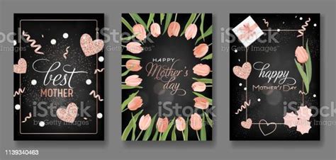 어머니의 날 인사말 카드 디자인 세트입니다 튤립 꽃 선물 및 포스터 배너 초대장에 대 한 황금 반짝이 마음으로 행복 한 어머니의 날 전단지 벡터 일러스트 계절에 대한 스톡