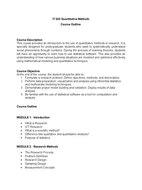 It 243 Quantitative Methods Course Outline Pdf Statistics Confidence Interval