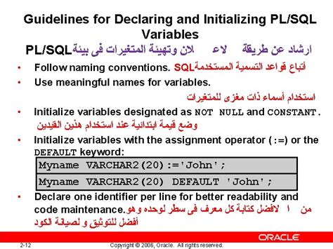 2 Declaring PLSQL Variables Copyright 2006 Oracle All
