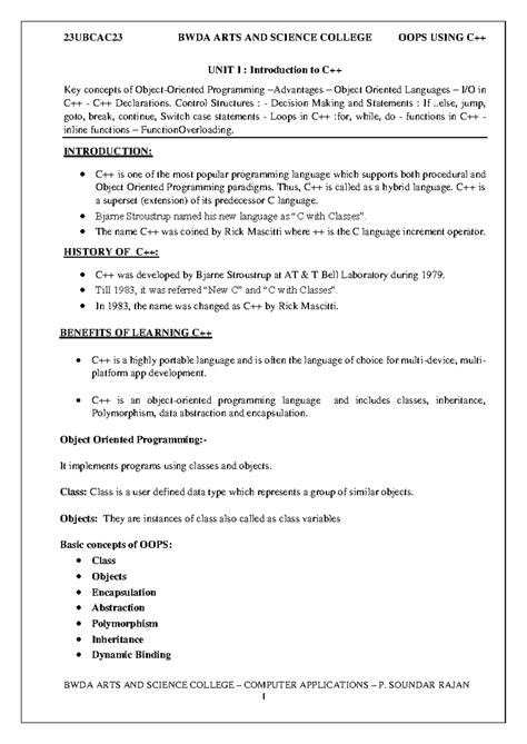 Unit I Programming In Cpp Bwda Arts And Science College Computer