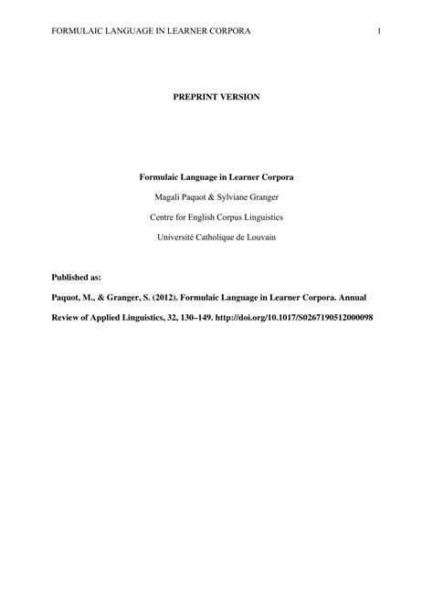 Pdf Formulaic Language In Learner Corpora