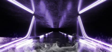 연기 형광 복고풍 공상 과학 소설 미래의 어두운 활기찬 클럽 무대 댄스 터널 복도 연단 빛나는 바이올렛 블루 네온 레이저 Led 조명 경로 그런 지 콘크리트 반사 3d