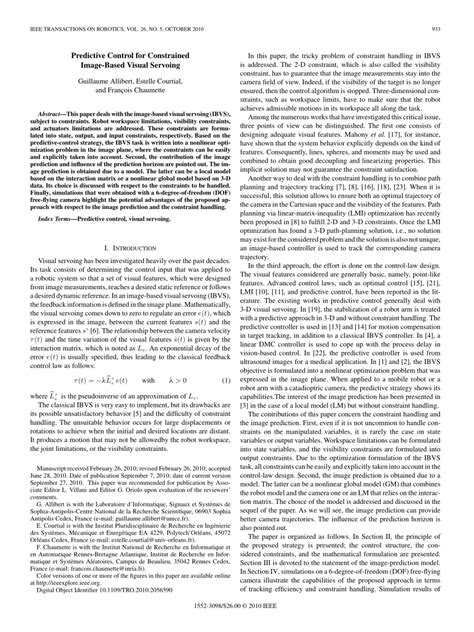 Pdf Predictive Control For Constrained Image Based Visual Servoing