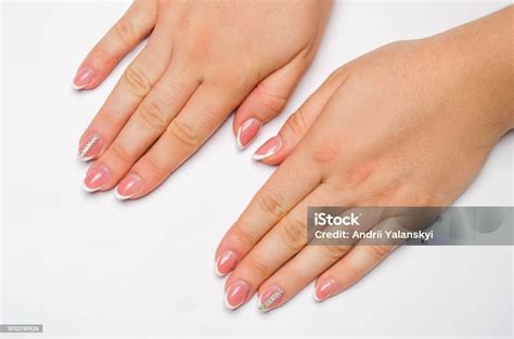 아름 다운 여성의 부드러운 손을 프랑스 매니큐어 격리 된 흰 배경입니다 긴 손톱입니다 텍스트에 대 한 장소입니다 복사 공간 가꿔주기에 대한 스톡 사진 및 기타 이미지