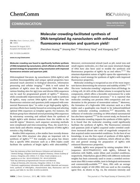 Pdf Molecular Crowding Facilitated Synthesis Of Dna Templated Ag Nanoclusters With Enhanced